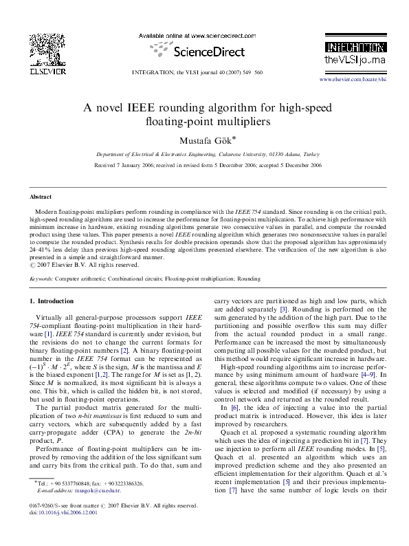 Pdf A Novel Ieee Rounding Algorithm For High Speed Floating Point Multipliers Mustafa Gök