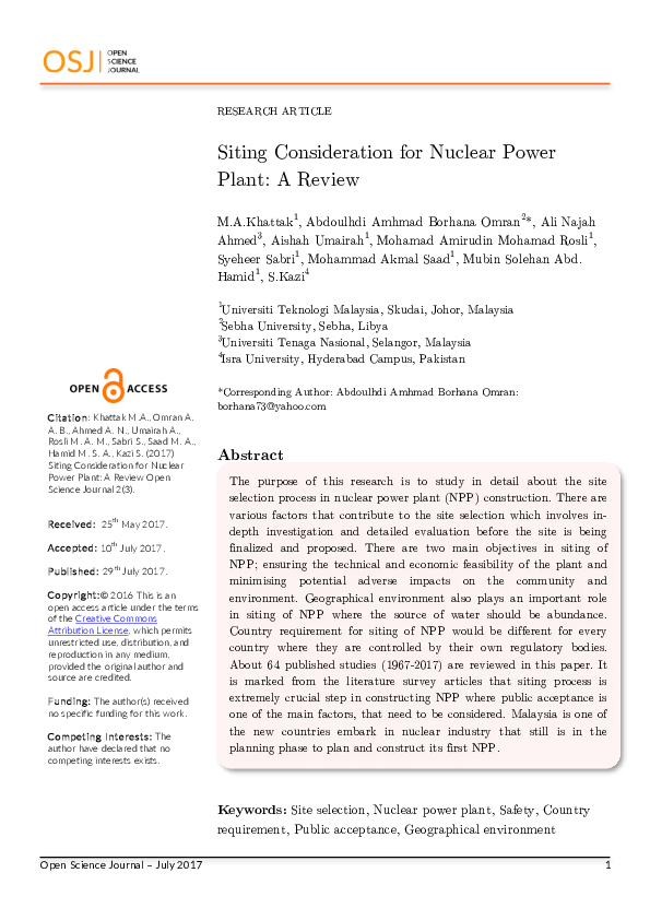 (PDF) Siting Consideration for Nuclear Power Plant: A Review