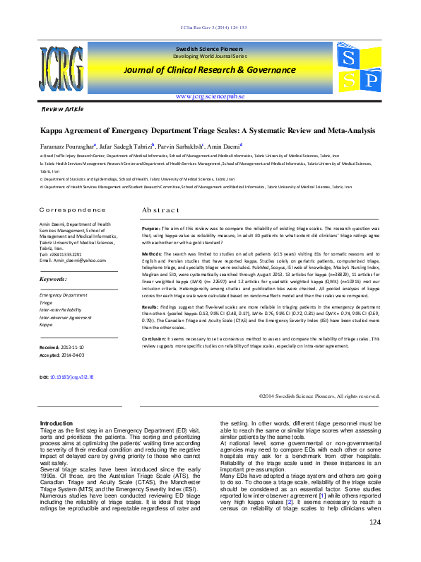 (PDF) Kappa Agreement in Emergency Department Triage Scales