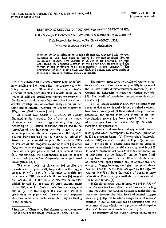 (PDF) Electron structure of “oxygen vacancy” defect in SiO2