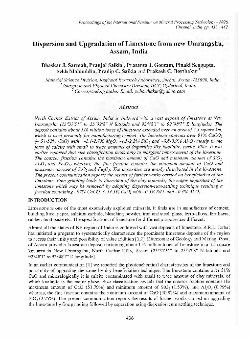 (PDF) Limestone Upgradation in New Umrangshu, Assam