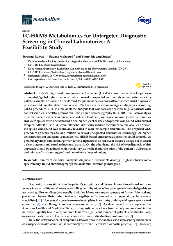 (PDF) LC-HRMS Metabolomics for Untargeted Diagnostic Screening in Clinical Laboratories: A ...