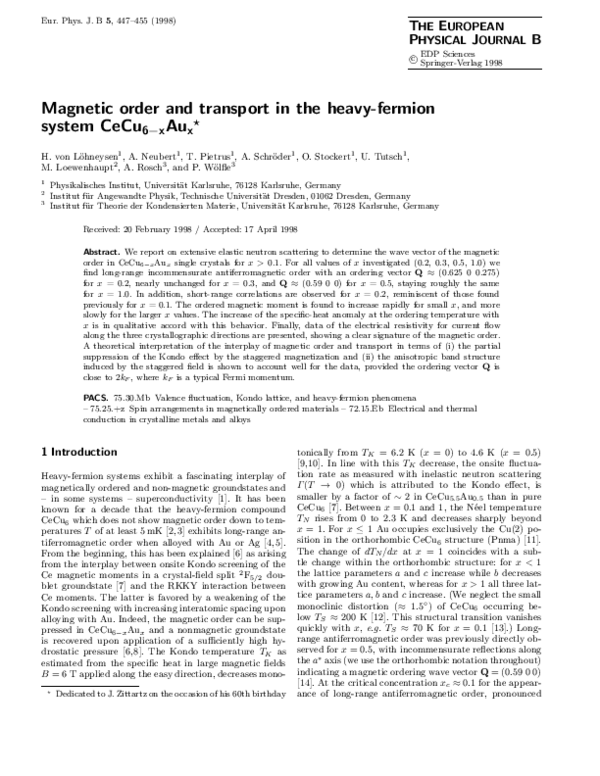 (PDF) Magnetic order and transport in the heavy-fermion system CeCu Au