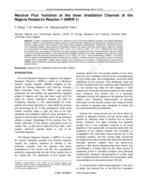 (PDF) Neutron Flux Variation at the Inner Irradiation Channel of the ...