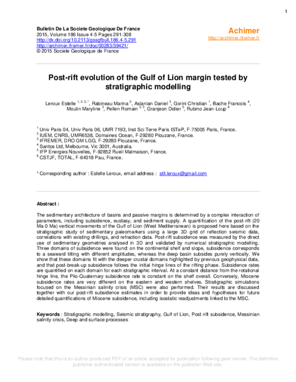 (PDF) Post-rift evolution of the Gulf of Lion margin tested by ...