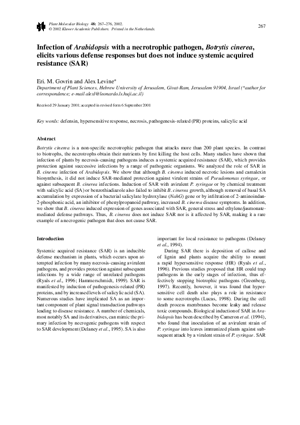 (PDF) Infection of Arabidopsis with a necrotrophic pathogen, Botrytis cinerea, elicits various ...