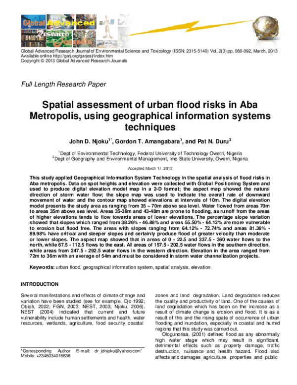 (PDF) Spatial assessment of urban flood risks in Aba metropolis using ...