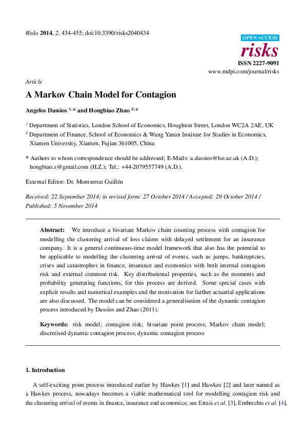 (PDF) A Markov Chain Model for Contagion | Angelos Dassios - Academia.edu