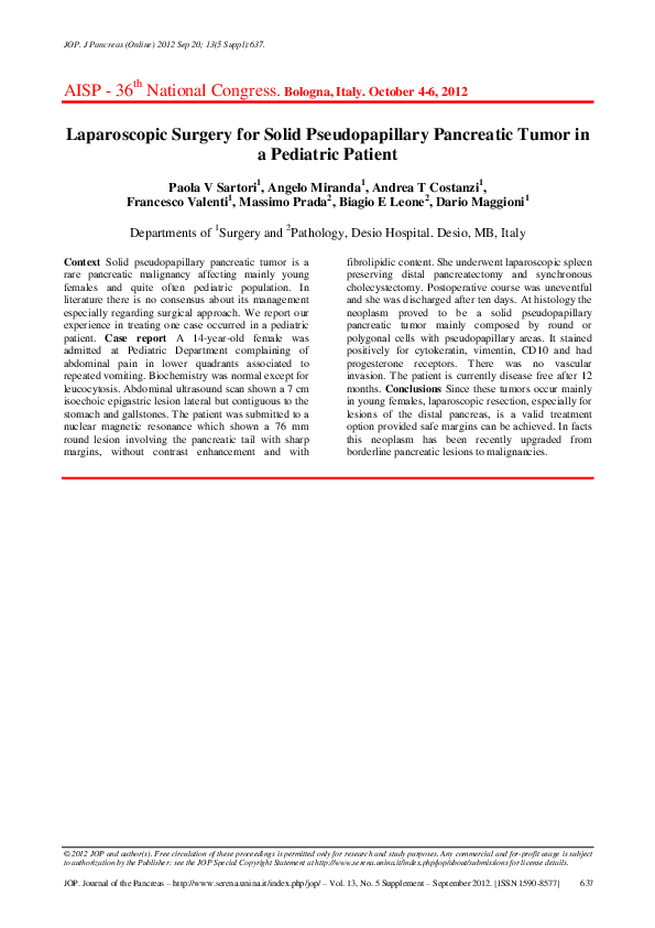 (PDF) Laparoscopic Surgery for Solid Pseudopapillary Pancreatic Tumor in a Pediatric Patient