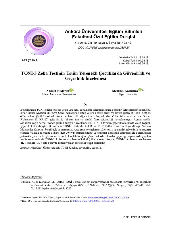 (PDF) TONİ-3 Zeka Testinin Üstün Yetenekli Çocuklarda Güvenirlik ve ...