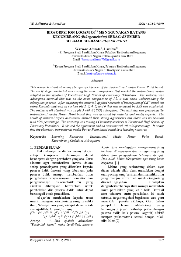 (PDF) BIOSORPSI ION LOGAM Cd2+ MENGGUNAKAN BATANG KECOMBRANG ...