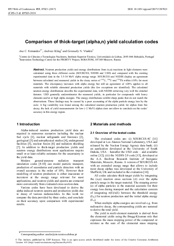 (PDF) Comparison of thick-target (alpha,n) yield calculation codes