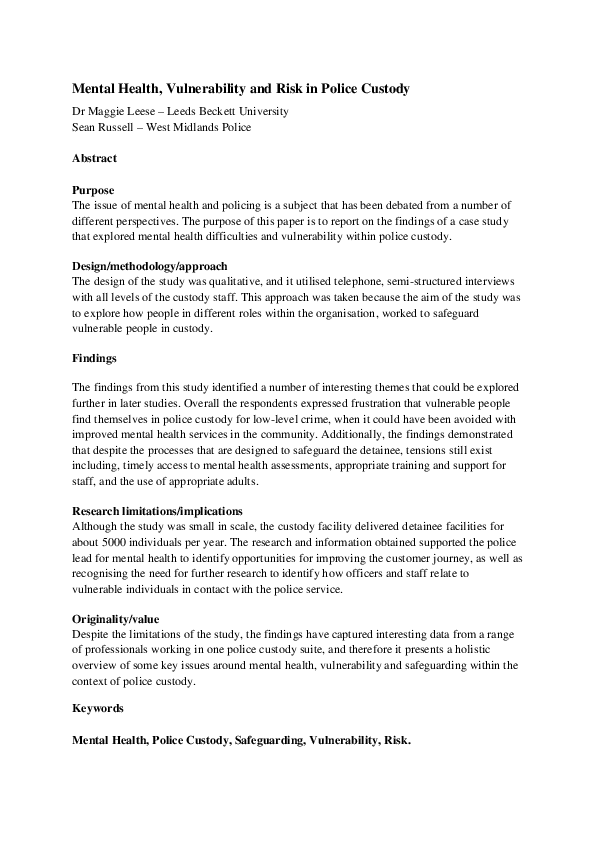 (PDF) Mental health, vulnerability and risk in police custody | Maggie ...