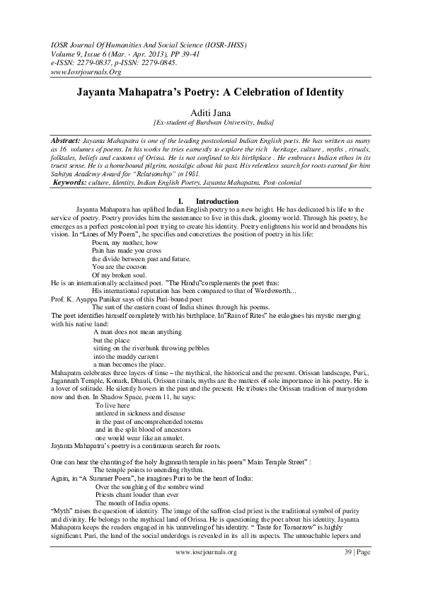 (PDF) Jayanta Mahapatra’s Poetry: A Celebration of Identity