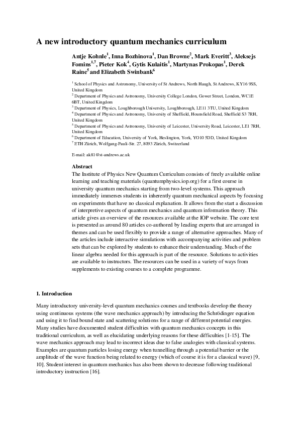(PDF) A new introductory quantum mechanics curriculum