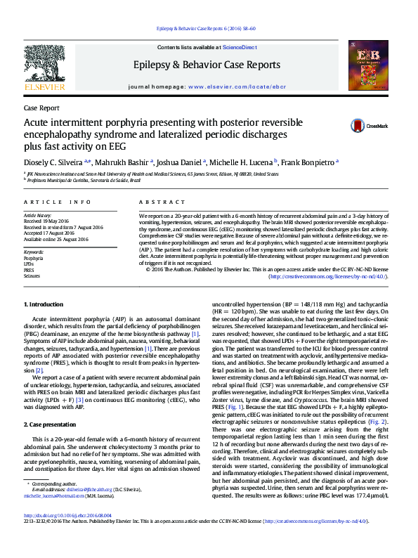 (PDF) Acute intermittent porphyria presenting with posterior reversible ...