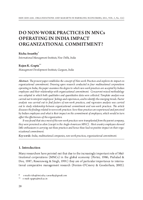 (PDF) Do Non-work Practices in MNCs Operating in India Impact ...