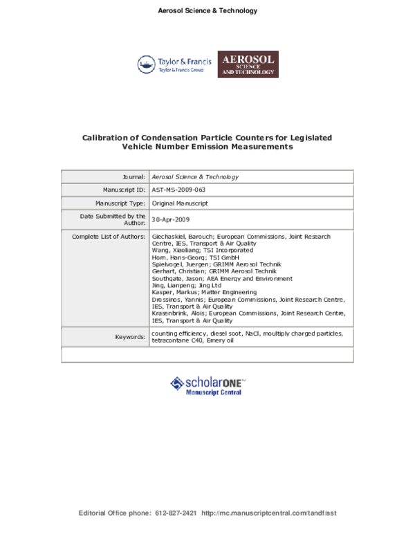 (PDF) Calibration of Condensation Particle Counters for Legislated Vehicle Number Emission ...