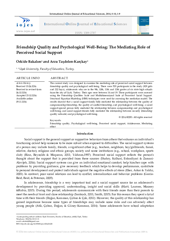 (PDF) Friendship Quality and Psychological Well-Being: The Mediating ...