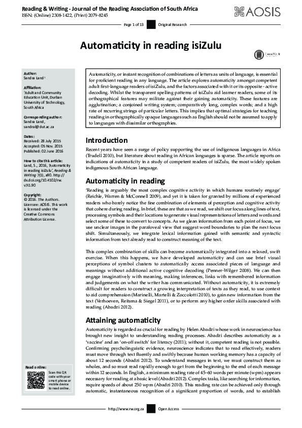 (PDF) Automaticity in reading isiZulu