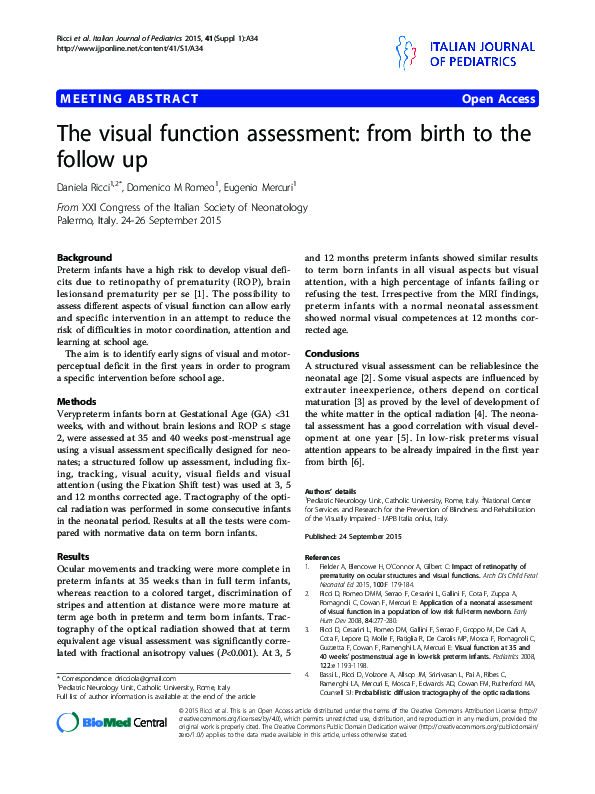 (PDF) The visual function assessment: from birth to the follow up