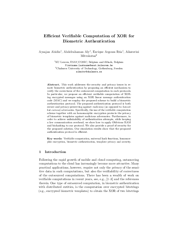 (PDF) Efficient Verifiable Computation of XOR for Biometric Authentication
