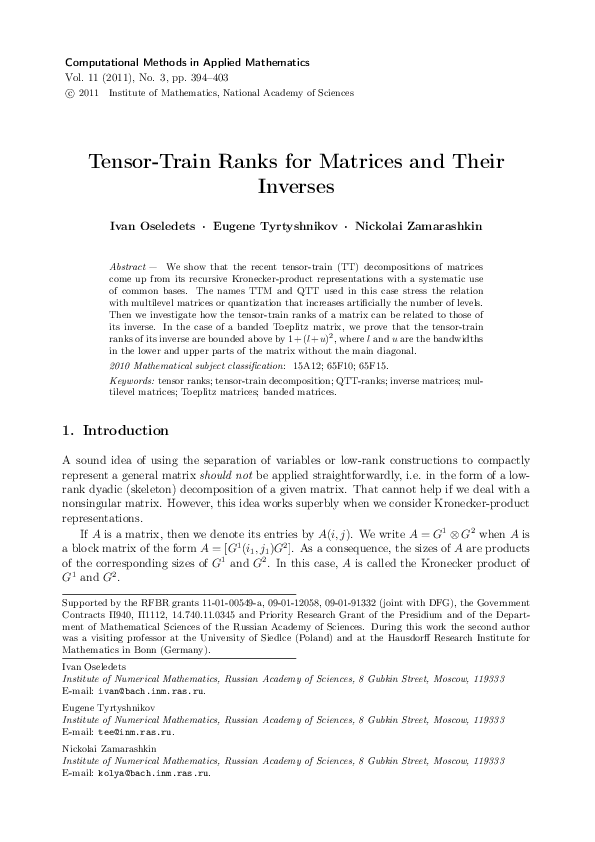 (PDF) Tensor-Train Ranks for Matrices and Their Inverses