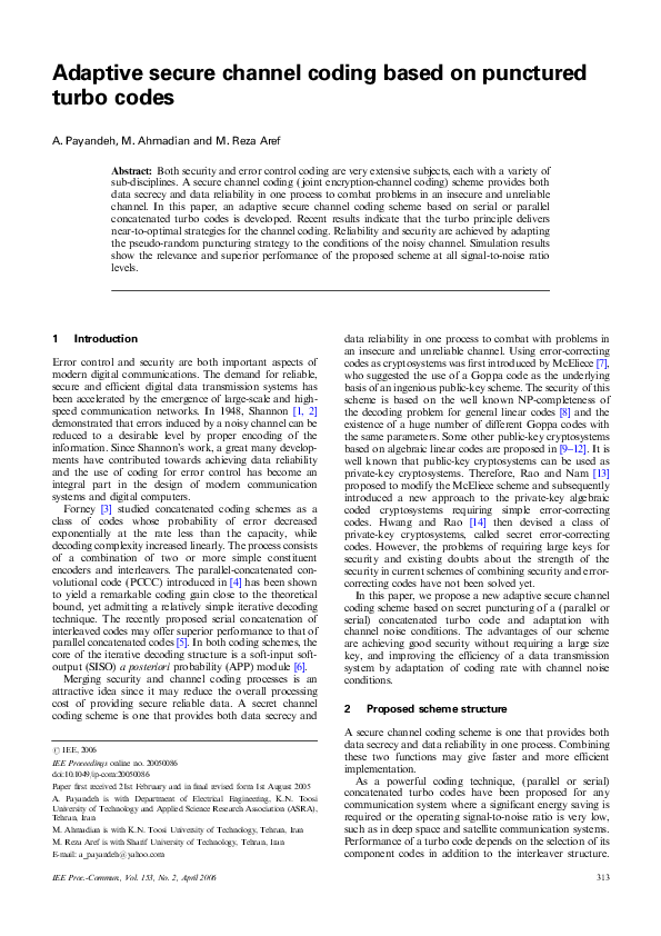 (PDF) Adaptive secure channel coding based on punctured turbo codes