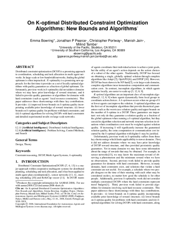 Pdf On K Optimal Distributed Constraint Optimization Algorithms New Bounds And Algorithms