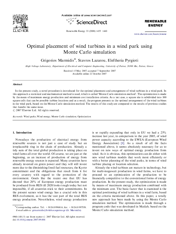 (PDF) Optimal placement of wind turbines in a wind park using Monte Carlo simulation | Ελευθερια ...