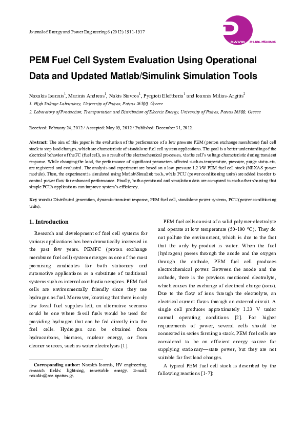 (PDF) PEM fuel cell system evaluation using operational data and updated Matlab/Simulink ...