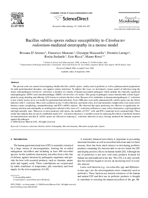 (PDF) Bacillus subtilis spores reduce susceptibility to Citrobacter ...