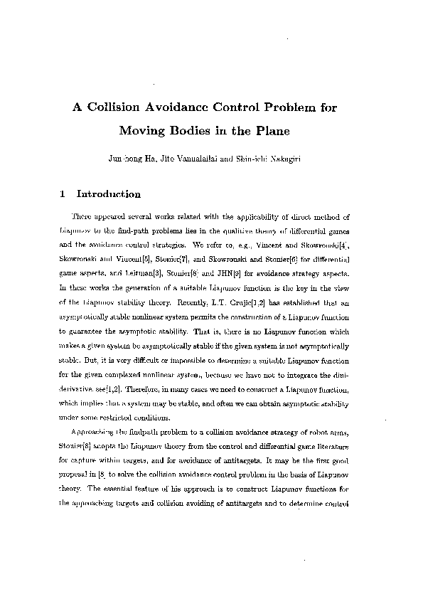 (PDF) A Collision Avoidance Control Problem for Moving Bodies in the ...