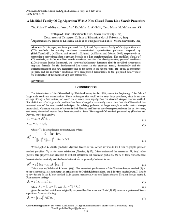 (PDF) A Modified Family Of Cg-Algorithm With A New Closed-Form Line-Search Procedure