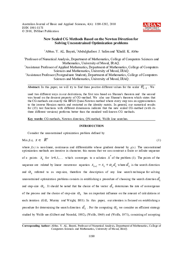 Pdf New Scaled Cg Methods Based On The Newton Direction For Solving Unconstrained Optimization 