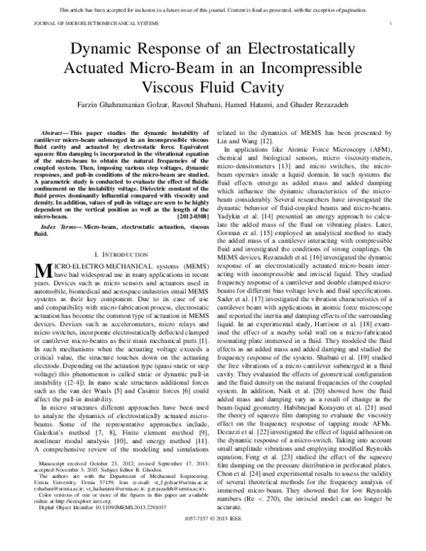 Pdf Dynamic Response Of An Electrostatically Actuated Micro Beam In An Incompressible Viscous