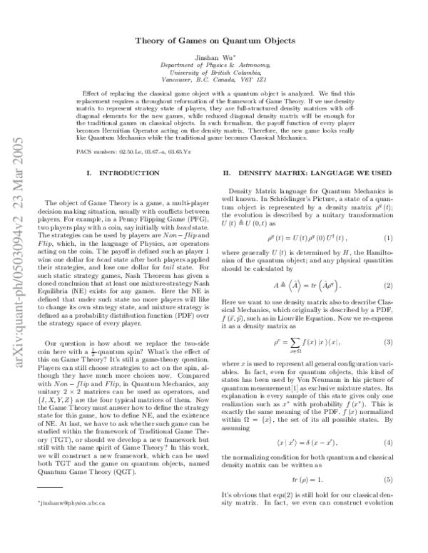 (PDF) Theory of Games on Quantum Objects | Jinshan Wu - Academia.edu