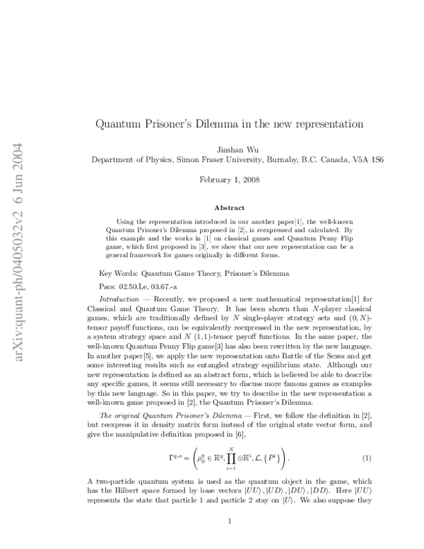 (PDF) Quantum Prisoner's Dilemma in the new representation