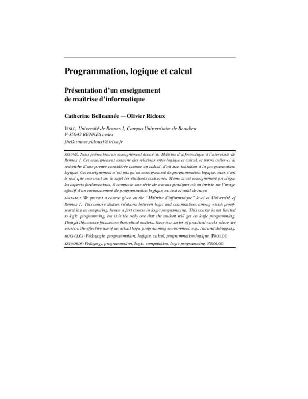 (PDF) Programmation, logique et calcul: Présentation d'un enseignement de maîtrise d'informatique