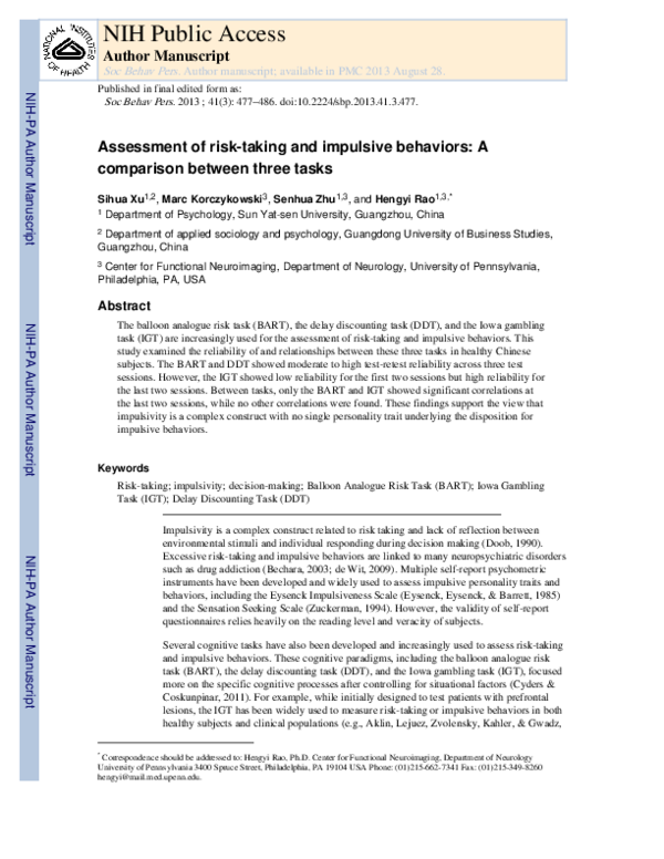 (PDF) Risk-taking and Impulsive Behaviors: a Comparative Assessment of ...