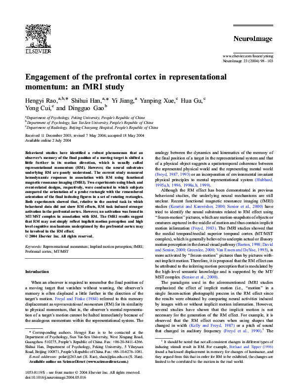 (PDF) Engagement of the prefrontal cortex in representational momentum ...