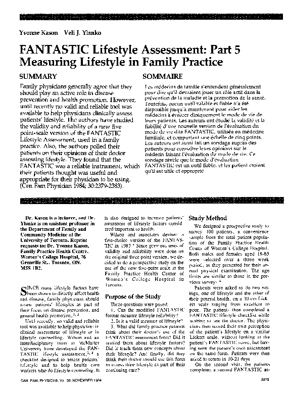 (PDF) FANTASTIC Lifestyle Assessment: Part 5 Measuring Lifestyle in ...