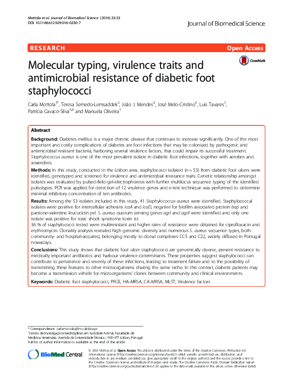 (PDF) Molecular typing, virulence traits and antimicrobial resistance of diabetic foot staphylococci