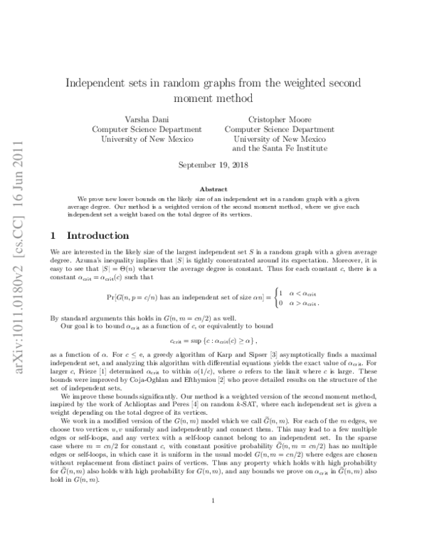 (PDF) Independent sets in random graphs from the weighted second moment ...