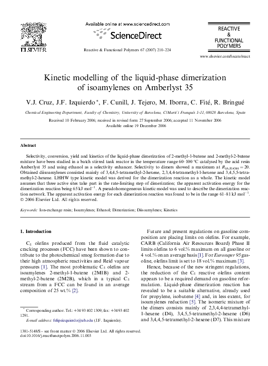 (PDF) Kinetic modelling of the liquid-phase dimerization of isoamylenes ...