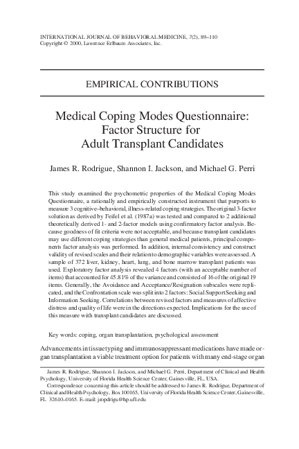 (PDF) Medical coping modes questionnaire: Factor structure for adult ...