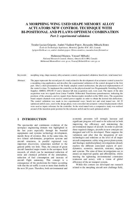 (PDF) A Morphing Wing used Shape Memory Alloy Actuators New Control Technique with Bi-positional ...