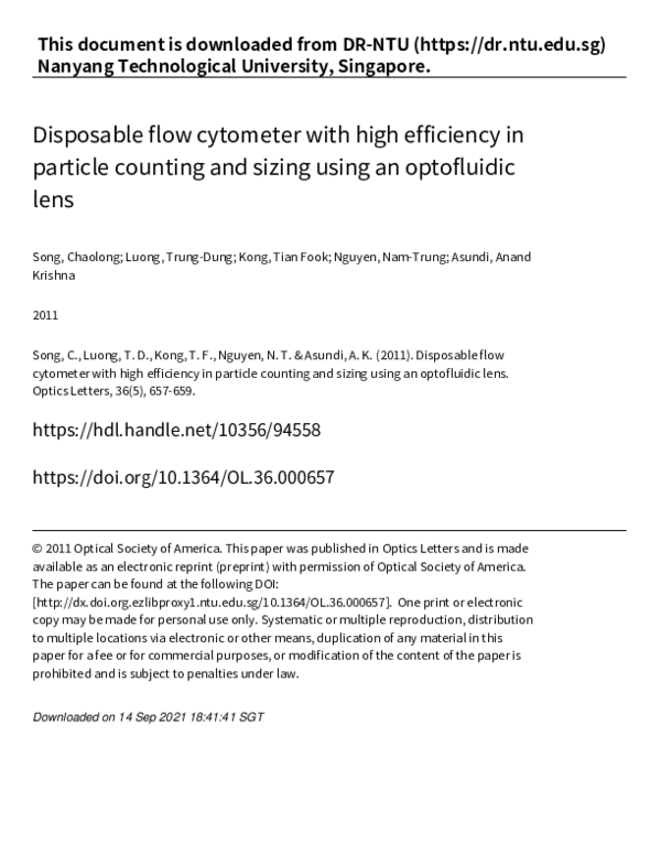 Pdf Disposable Flow Cytometer With High Efficiency In Particle Counting And Sizing Using An