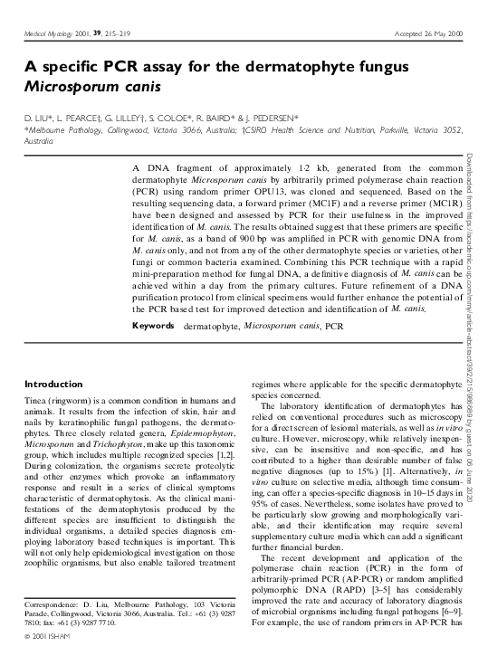 (PDF) A specific PCR assay for the dermatophyte fungus Microsporum canis