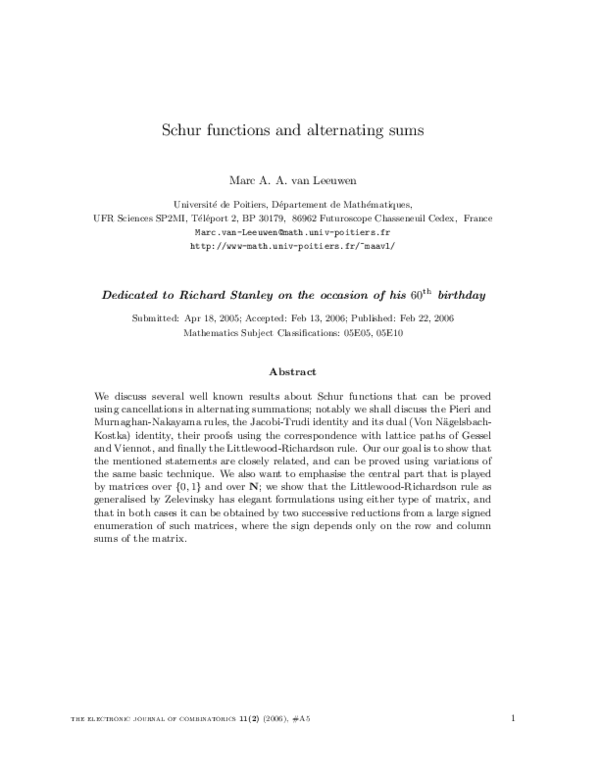 (PDF) Schur Functions and Alternating Sums